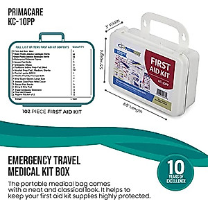 Primacare KC-10PP 10 Person Compact First Aid Kit, 8"x5"x3", with 102 Pieces Emergency Medical Supplies, Portable Kits for Home, School and Office, Wall Mount, White