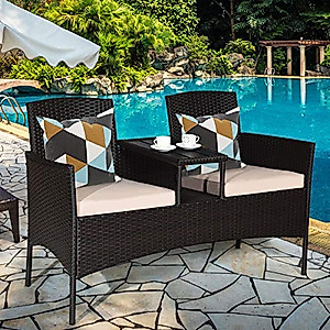 DORTALA Outdoor Patio Loveseat, Wicker Patio Conversation Set with Removable Cushions and Coffee Table, Plastic Table Top, Modern Rattan Loveseat Sofa Set for Garden Lawn Backyard (Brown+White)