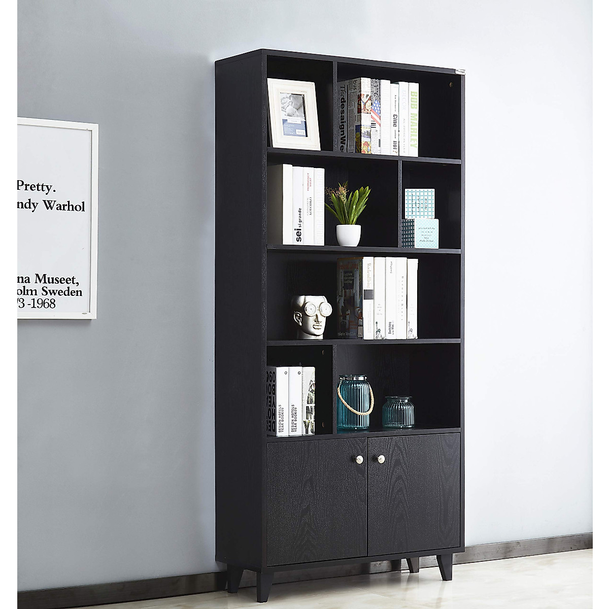 Mixcept Modern Bookcase with 2 Doors, Shelf Organizer for Display, Wooden Bookshelf Library with 6 Storage Cabinet for Home Office (Gray Oak)