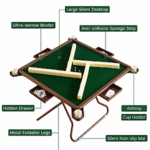 MJTABLE Mahjong Table, 35" Card Tables Folding Square with 4 Cup Holders & 4 Drawers for 4 People, Wear-Resistant Desktop Majiang Table for Poker Cards, Mahjong, Board Games