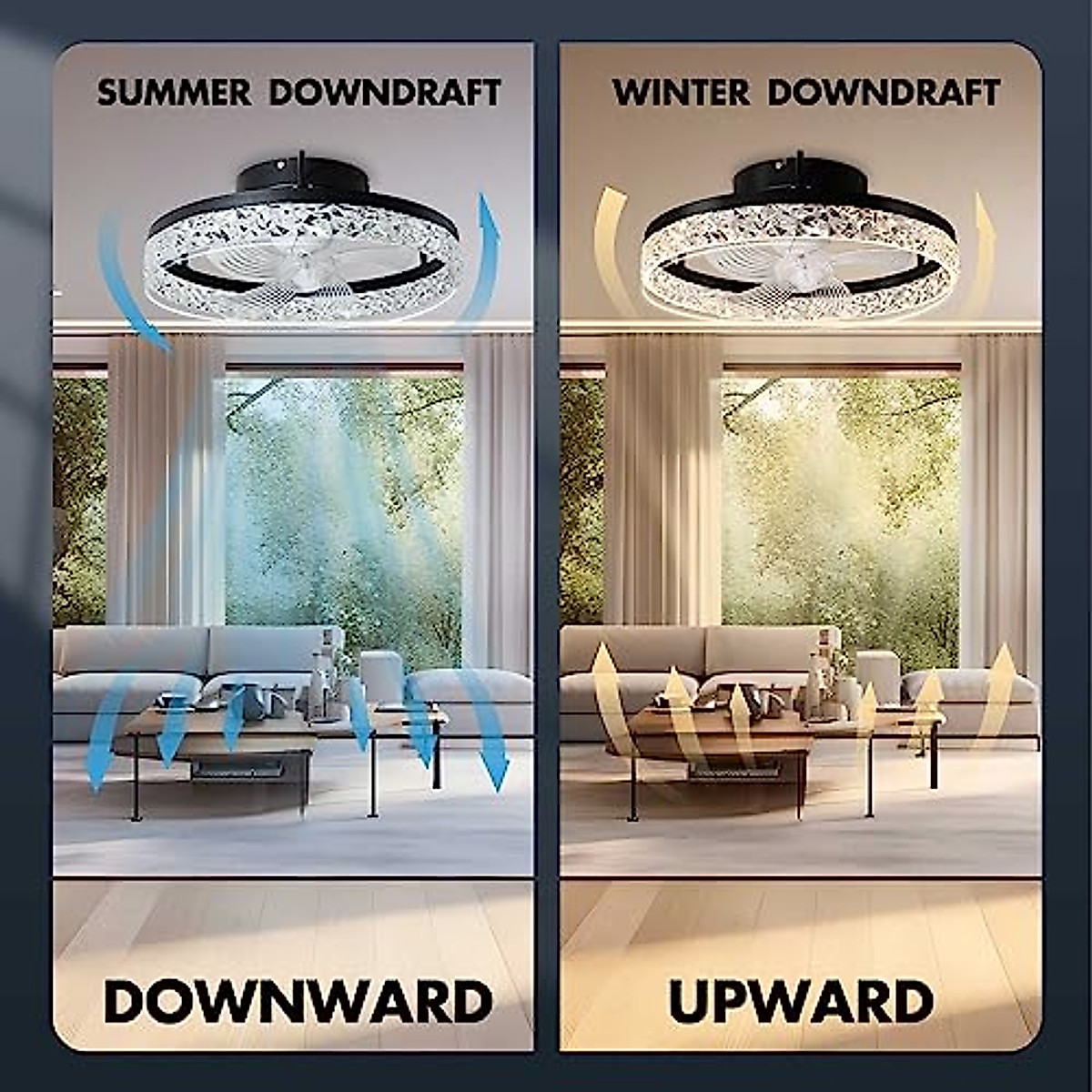 Tivleed Low Profile Ceiling Fan with Lights, 20" Semi Flush LED Fans Light, Remote & Smart APP Control, 360° Rotatable, Modern Crystal, 3 Color Dimmable, 6 Speeds, for Bedroom Living Room, Black