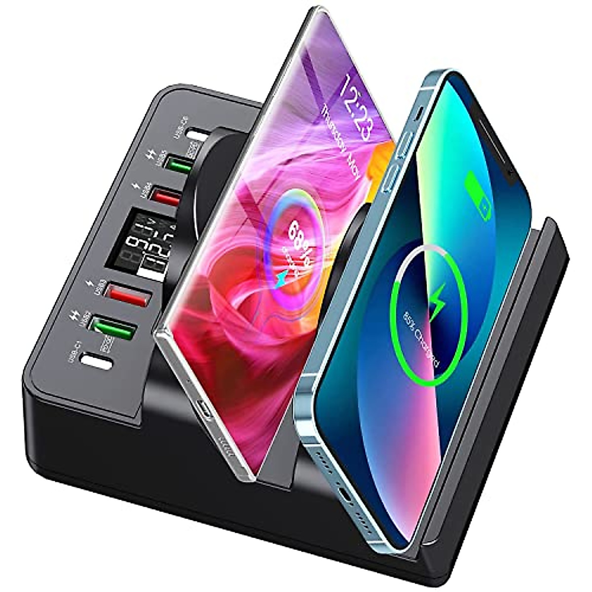 Wireless Charging Station with USB Ports, 8 in 1 Dual 15W Wireless Charger Station, 2 QC/2 PD USB Fast Charging Station, 80W Phone charger for iPhone14/13/12/11/X/Xr/Xs/8/Samsung/Android/iWatch/AirPod