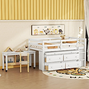 Kids Twin Low Loft Bed with Storage, Twin Size Loft Bed with Portable Desk and 4 Drawers, Wood Twin Loft Bed with Shelves, Modern Farmhouse Junior Loft Bed for Kids Boys Girls, White