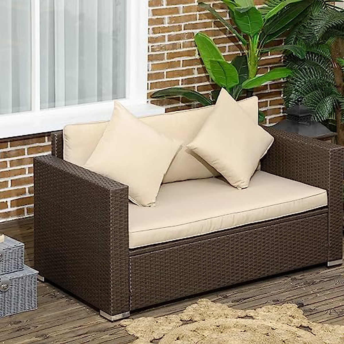 Hypeshops Outdoor Wicker Loveseat, Patio Furniture Couch with Cushions, 2 Seats PE Rattan Sofa, 2 Throw Pillows - Beige