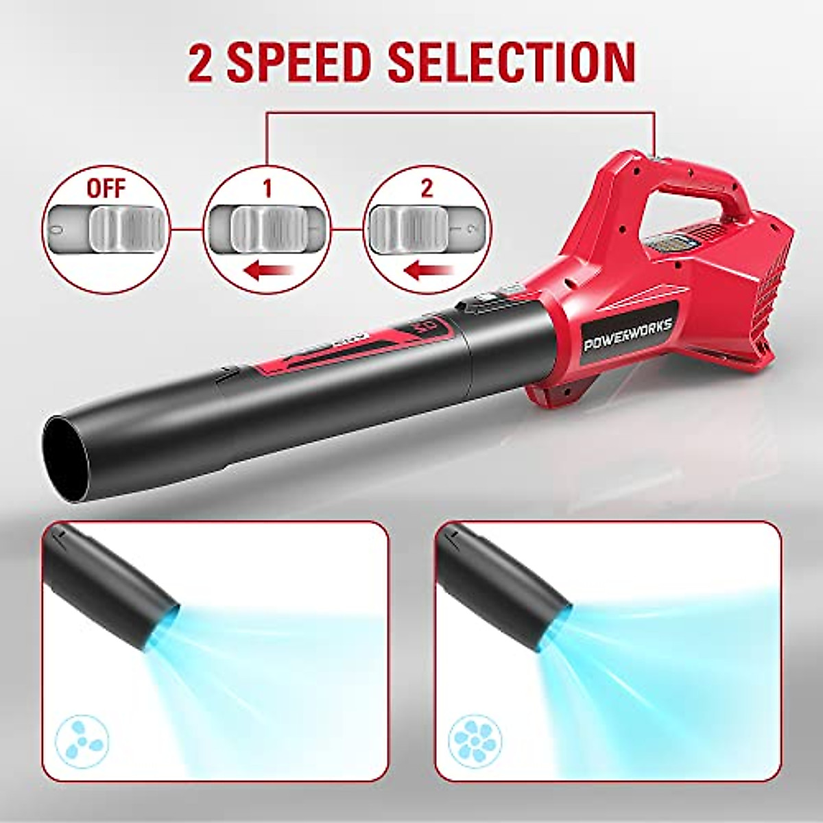 POWERWORKS XB 20V Cordless Leaf Blower with 2Ah Battery and Charger，310 CFM / 85 MPH & 2-Speed Mode, Battery Powered Leaf Blowers for Lawn Care