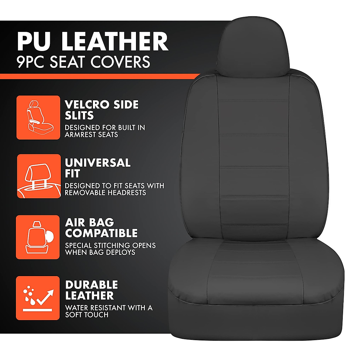 BDK carXS Black Leather Car Seat Covers Full Set, 9-Piece Faux Seat Covers for Cars, Includes Front and Back Seat Cover, Automotive Seat Covers for Trucks SUV