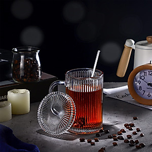 Hoolerry 14 oz Clear Glass Mug with Lid and Spoon Classical Vertical Stripe Tea Mug Ribbed Iced Coffee Cup Glass Coffee Mug Clear Coffee Mug for Milk Latte Water Chocolate Juice for Birthday Christmas
