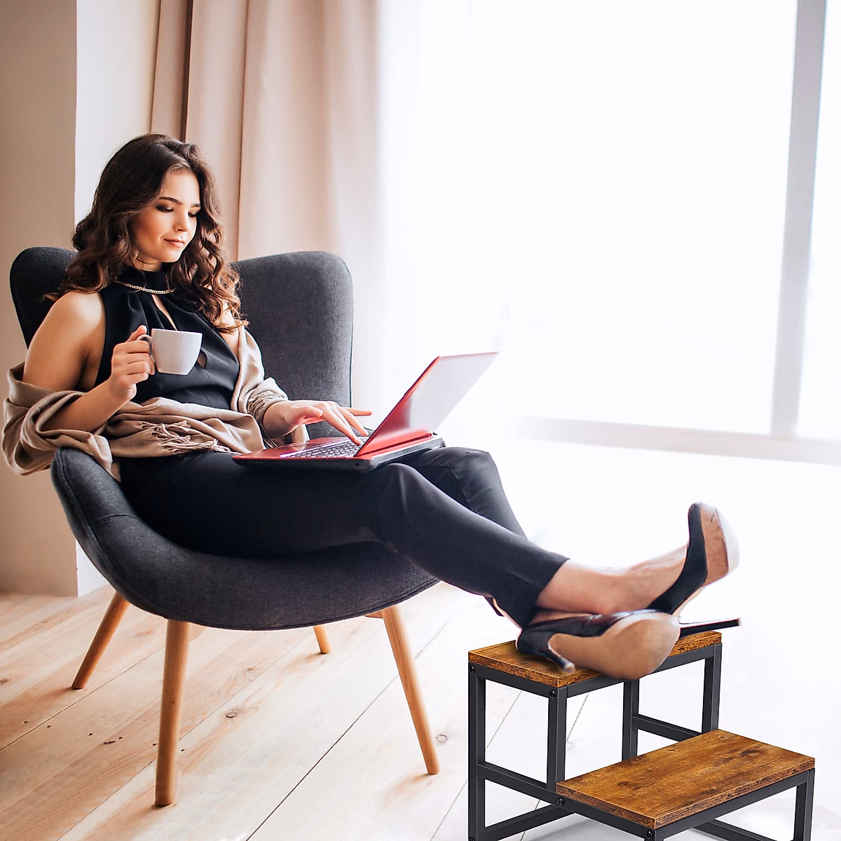 LIANTRAL Step Stools for Adults Kids, 2 Step Stool, Heavy Duty Steel & Sturdy Wide Pedal, Supports Up to 500lb, Foot Stool for Home, Office, RV - Rustic Brown