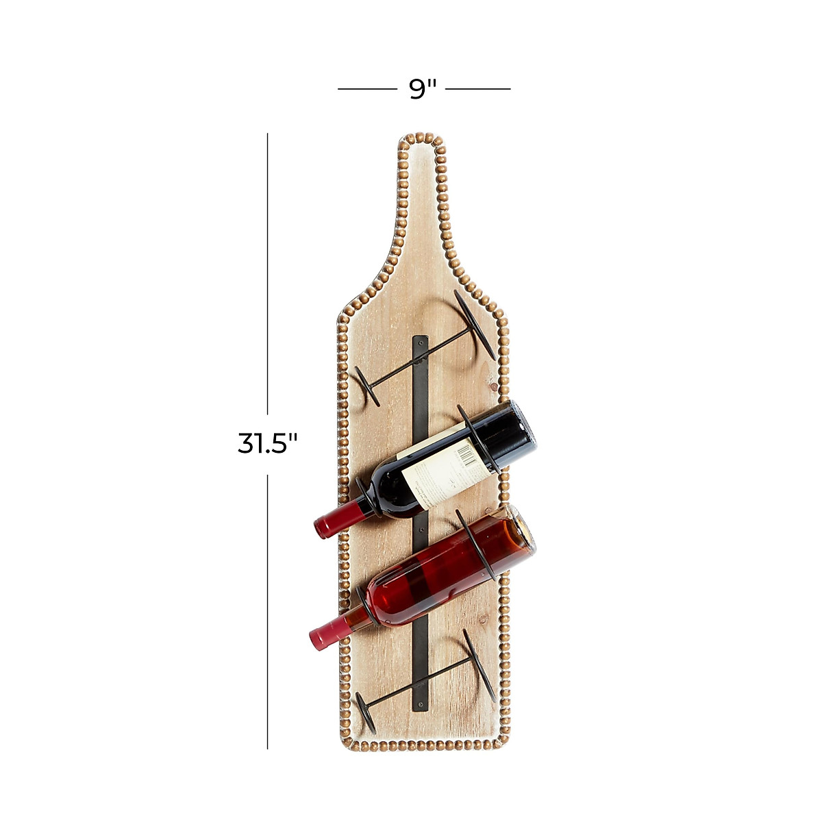 Deco 79 Wood Bottle Shaped 4 Bottle Wall Wine Rack with Beaded Frame, 9" x 5" x 32", Brown