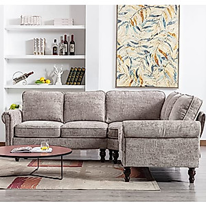 ClassHouze Sectional Sofa Couches for Living Room with Scroll Arms, Modern Chenille Fabric L Shaped Couch Sectional Couch with Gourd Shaped Solid Wood Legs, Grey