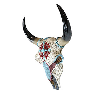 Ebros Gift 16.5" High Large Western Southwest Steer Bison Buffalo Bull Cow Skull Head with Mosaic Turquoise and Red Aztec Sun Teardrop Gems Design Wall Mount Decor Native Indian Accent Skulls