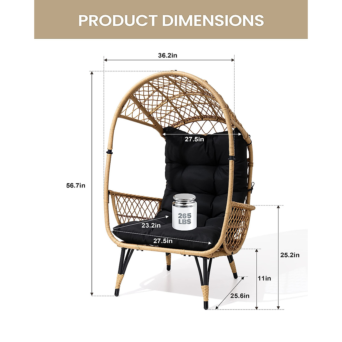 JOINHOM Hand Woven Wicker Egg Chair, Patio Sun Shade Egg Chair with Wide Armrest Allow You to Relax, Strong Metal Frame Lounge Chair w/Cushion for Garden, Balcony, Living Room