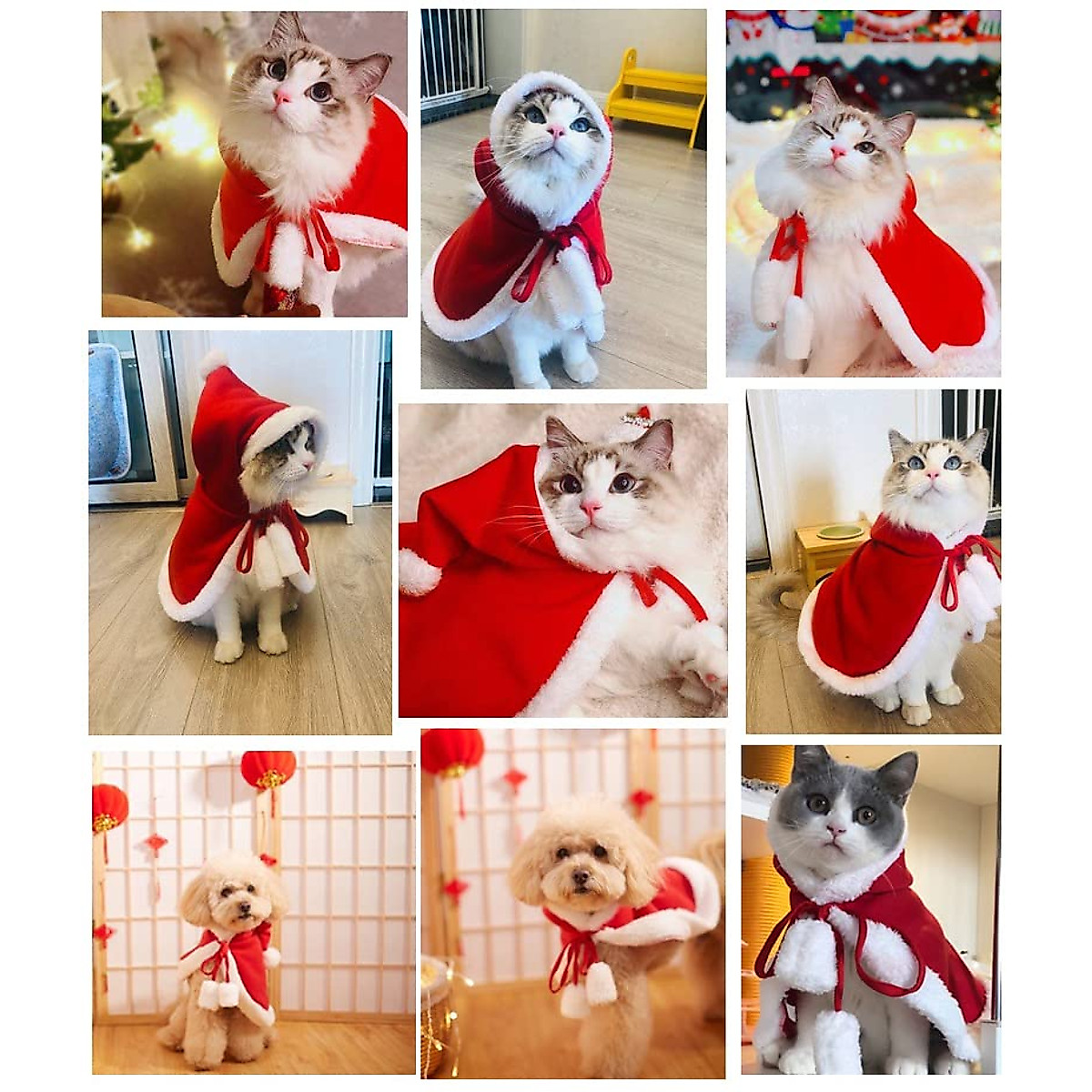 Cat Christmas Hooded Cloak Pet Dog Costume Cape with Hat Cute Kitten Puppy Red Poncho Santa Claus Cosplay Robe for Xmas Party
