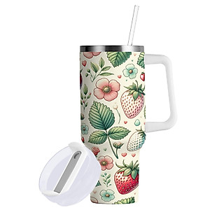 Jihqo Strawberrys and Leafs 40 oz Stainless Steel Vacuum Insulated Tumbler with Handle and Straw Lid, Leakproof Water Bottle Double Wall Travel Mug Coffee Cup, Cupholder Friendly