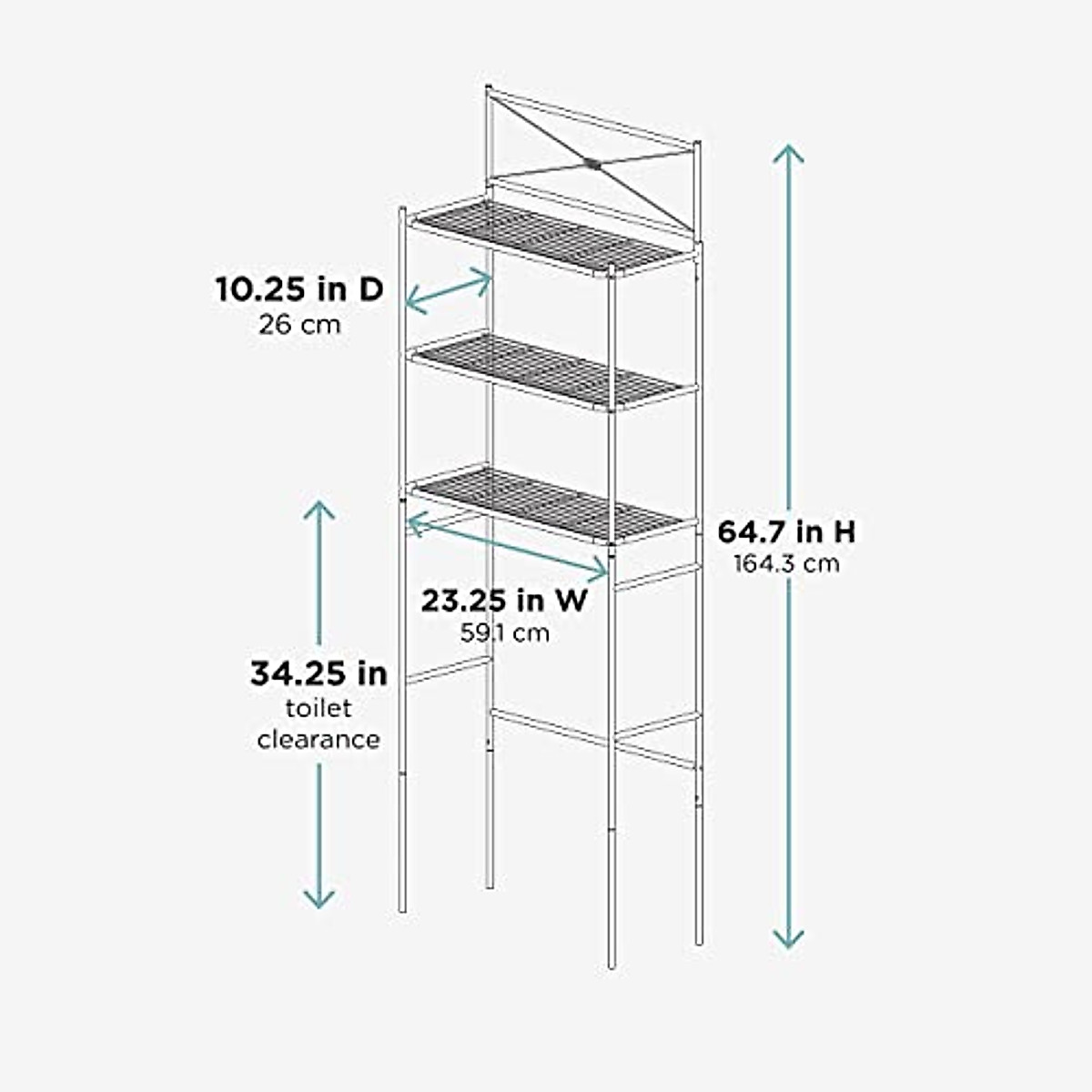 Zenna Home Over the Toilet Storage, Metal Bathroom Spacesaver with 3 Shelves, Cross-Style Storage Cabinet, Easy Assembly, Satin Nickel , 23.25 x 64.7"