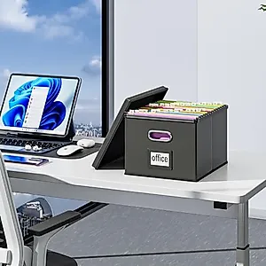 Huolewa Portable Leather File Organizer Boxes with Lids, Collapsible Linen Hanging Filing Storage Boxes with Plastic Slide, Decorative Home/Office Filing System Boxes for File and Folders Storage