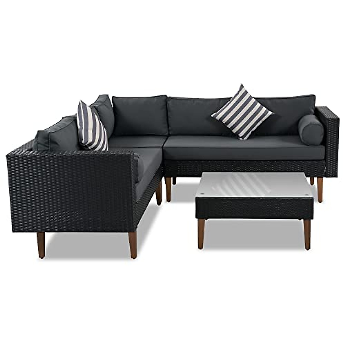 GLIFRON Outdoor Patio Furniture 4-Piece All Weather PE Brown Rattan L-Shaped Sectional Sofa Conversation Set with Colorful Pillows, Beige Cushions & Glass Coffee Table for Porch Lawn Garden