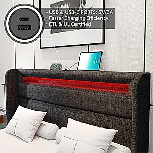 AMERLIFE Queen Bed Frame with RGBW LED Lights Headboard & 4 Storage Drawers, Upholstered Smart Platform Bed with USB & USB-C Ports, Box Spring Optional, Dark Grey
