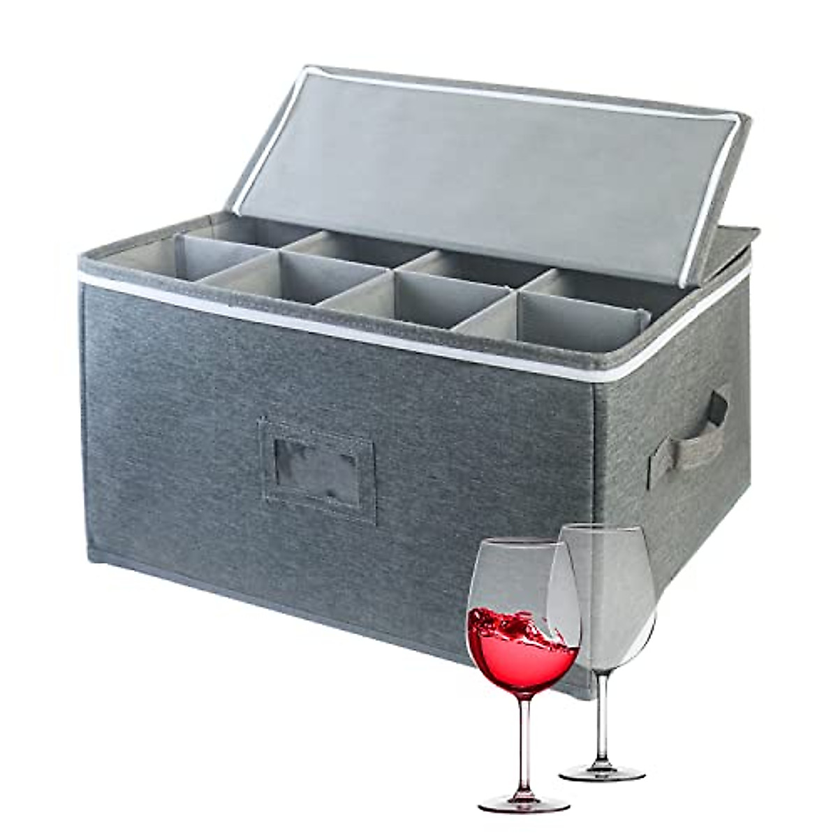 Boczif Wine Glass Storage Cases, Stemware Storage Chest Boxes with Dividers, Glassware Storage Containers Holds 12 Red or White Wine Glasses, Champagne Flutes, Crystal, Drinkware with Label Window