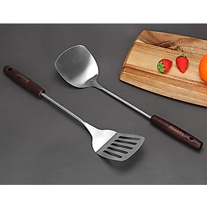15 inch Large Spatula Slotted Turner Soup Ladle 304 Stainless Steel Wok Spatula Set Slotted Spoon for Cooking Utensils Set Long Wooden Handle Ladles Kitchen Metal Spatula Cooking Spoons
