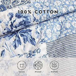 Laura Ashley - Twin Quilt Set, Reversible Cotton Bedding with Matching Sham, Farmhouse Inspired Home Decor (Paisley Printed Patchwork Blue, Twin)