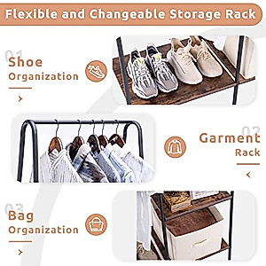 YOUDENOVA Clothing Rack with Bottom Shelve, Industrial Garment Rack with 3 Mesh Shelves, Freestanding Closet Heavy Duty with 2 Fabric Storage Boxes