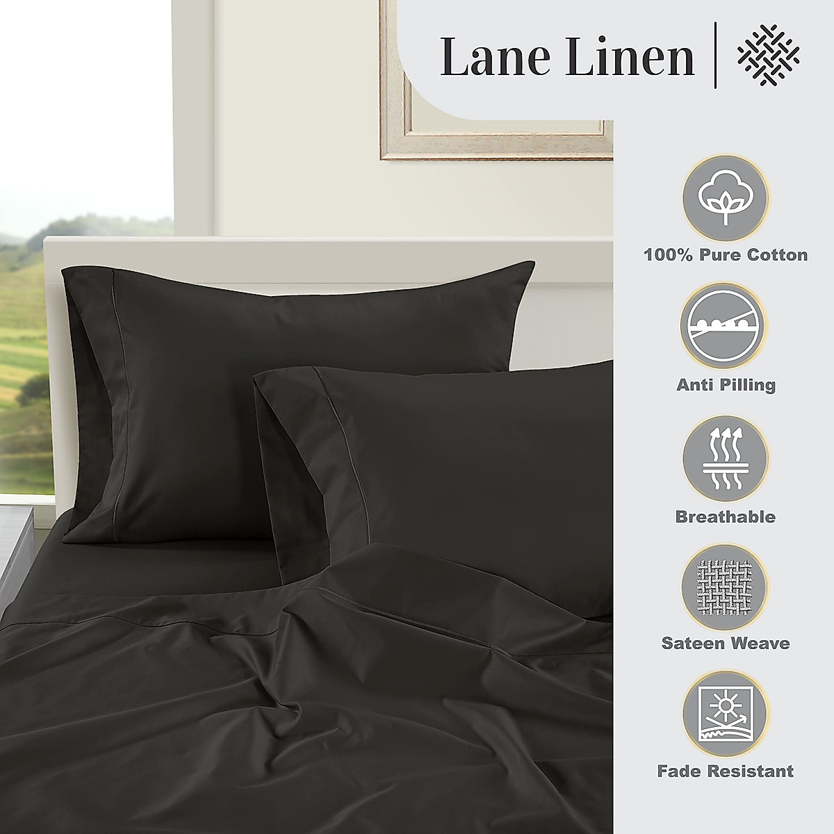 LANE LINEN 1000 TC 100% Egyptian Cotton Sheets Set Full Size Bed, Fully Elasticized Reinforced Seams Extra Deep Pocket Full Sheets Set (Never on Clearance), No Pill Fade Resistant Cooling - Black