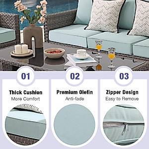 SUNSITT Patio Furniture Set 7-pcs Outdoor Furniture Conversation Sets with Lift Dining Table Wicker Patio Furniture Outdoor Couch Grey Rattan Light Cyan Cushion for Garden, Backyard, Lawn