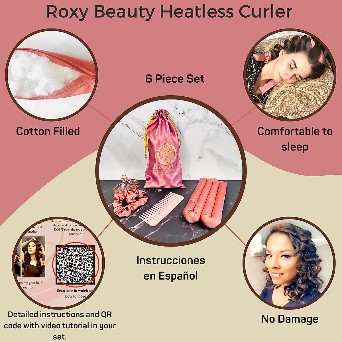 Heatless Curler by Roxy Beauty, Soft Cotton Filled, Satin No Heat Curling Rod Headband, 6 Piece Set, For Long or Short Hair, TikTok Curls, Rose Gold Color