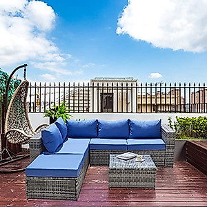 MOLIXXES 4 Pieces PE Wicker Outdoor Sofa Couch Sectional Patio Set,Patio Furniture Sectional Sofa with Ottoman, Glass Table, Pillow,Gray Rattan Blue Cushion