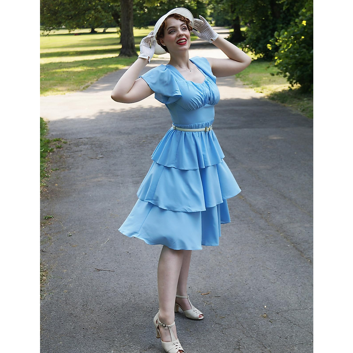 Short Sleeve Elegant Cocktail Party Dress 1950s Retro Square Neck Smocked Waist Tiered Layered Dress Light Blue XL