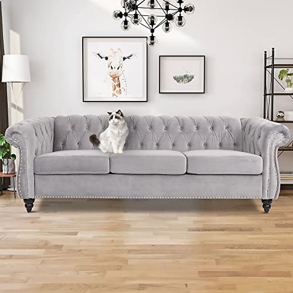 LEFHDA 84" Velvet Upholstered Chesterfield Sofa Couch, Modern 3 Seater Sofa Couch, Thicken Seat Cushions and Button Tufted Back Chesterfield Couch with Nailhead Trim Rolled Armrests, Grey