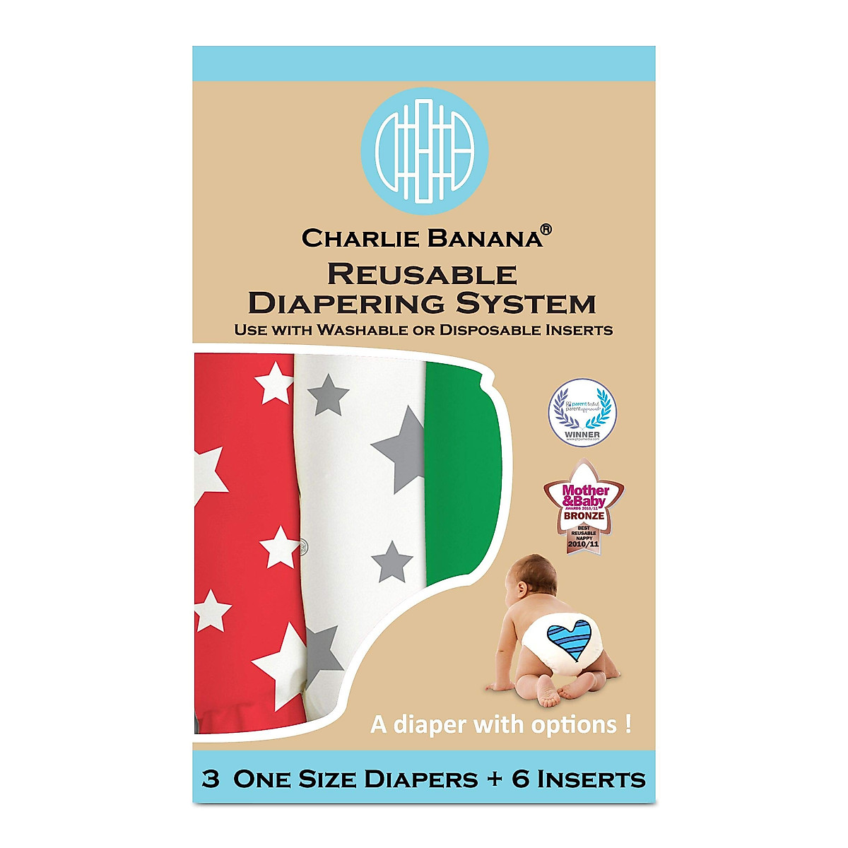 Charlie Banana Baby Washable and Reusable Cloth Diapers, 3 Soft Pocket Diapers and 6 Absorbent Inserts, One-Size, Tuscany