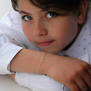 MIONZA Jewelry 14k Solid Gold Cross Bracelet for Women, Teen Girls, Baby | Real Gold Sideways Adjustable Cross Bracelet | Gold Plated Bracelet for Women | Christian Baptism Gift (Solid Gold Baby)