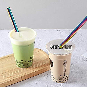 6 Pcs Reusable Boba Straws Smoothie Straws, 0.5" Wide Stainless Steel Straws, Angled Tips Metal Straws for Bubble Tea, Milkshakes, Smoothies with Cleanning Brush & Case (Rainbow)