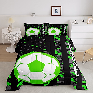 Feelyou Football American Flag Camo Neon Green Comforter Set Rugby Sports Comforter for Kids Boys Girls Teens Soccer Ball Game Bedding Set Duvet Set Room Decor Quilt Twin Size Boys