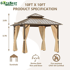 GAZEBEST 10'x10' Hardtop Gazebo Outdoor Aluminum Patio Gazebo Double Roof Galvanized Steel Canopy with Netting and Curtains,for Garden, Backyard,Deck and Lawns