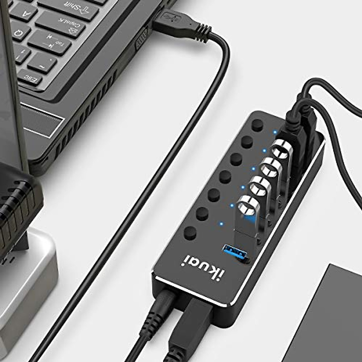 Powered USB 3.0 Hub, ikuai 7-Port Multiple USB Port Splitter, USB 3 Powered Hub with Individual LED On/Off Switches and Power Supply, Multiple USB Hub 3.0 Powered for Mac, PC