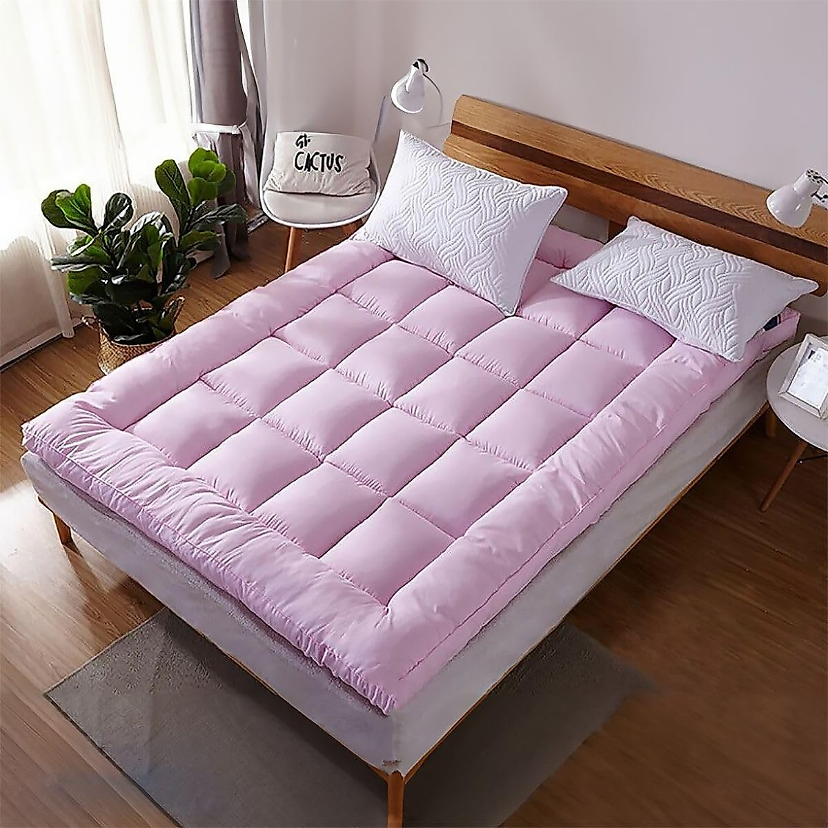 THABATAD Quilted Fitted Mattress Pad Queen, Thick Mattress Topper, Soft Cooling Mattress Cover Padded for Back Pain Relief, Mattress Protector with Overfilled Down Alternative Filling, Pink