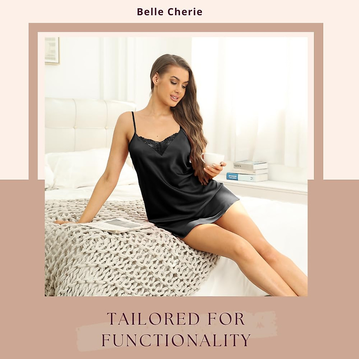 Belle Cherie Woven Lingerie Sexy V Neck Sleepwear Satin Nightgown Lace Mini Slip Chemise (Black, S)