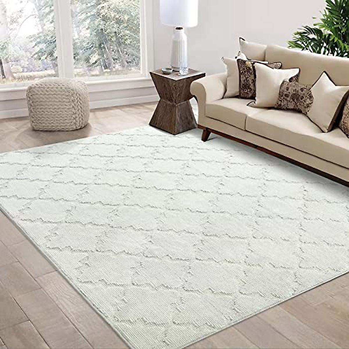 JOLENE.K Shag Rugs 8x10 for Bedroom, Indoor Modern Fluffy Carpet Shaggy Mat Ultra Soft Plush Geometric Rug Moroccan Floorcover Non Slip Thick Boho Rugs Living Room Dining Room Office, Ivory Beige Grey