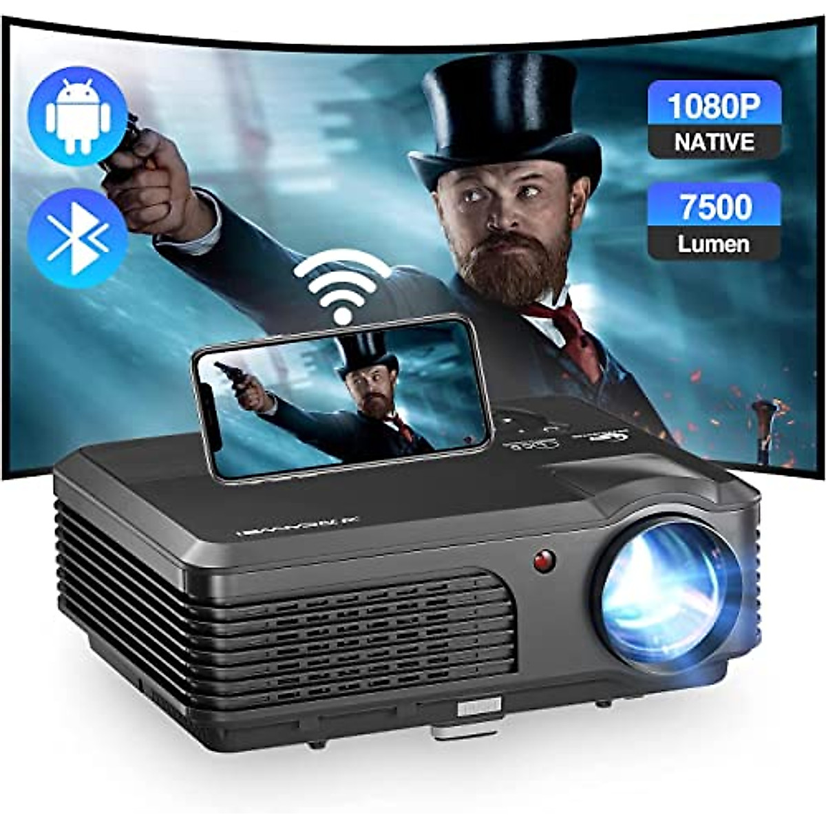 Full HD 1080P Android Projector with WiFi and Bluetooth, Wireless Projectors Sync Screen for iPhone iPad, Big Screen Display Video Proyector Outdoor Movie Night Backyard, 4D Keystone & Zoom, HDMI