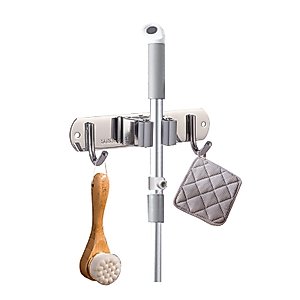 Tidysun Mop and Broom Holder Wall Mounted,Heavy Duty Stainless Mop Holder Wall Mount with 1 Gripper and 2 Hooks,Mop Broom Holder for Kitchen Bathroom Garden Garage 1 Pack(Grey)