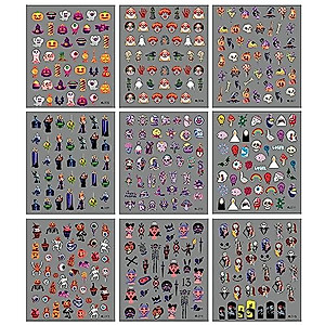 JMEOWIO 9 Sheets Halloween Nail Art Stickers Decals Self-Adhesive Pegatinas Uñas Skull Ghost Witchy Pumpkin Nail Supplies Nail Art Design Decoration Accessories