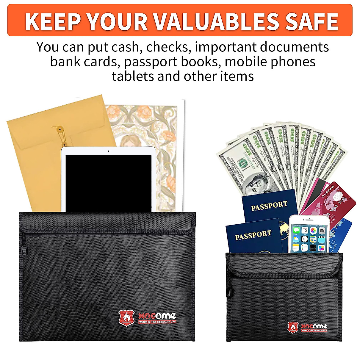 2 Pcs Fireproof Document Bags, File Storage Organizer Bag 15 x 11in/9 x 7 in Set Non-Itchy Silicone Coated Fire Resistant Bag for File Cash Jewelry Money and Valuables