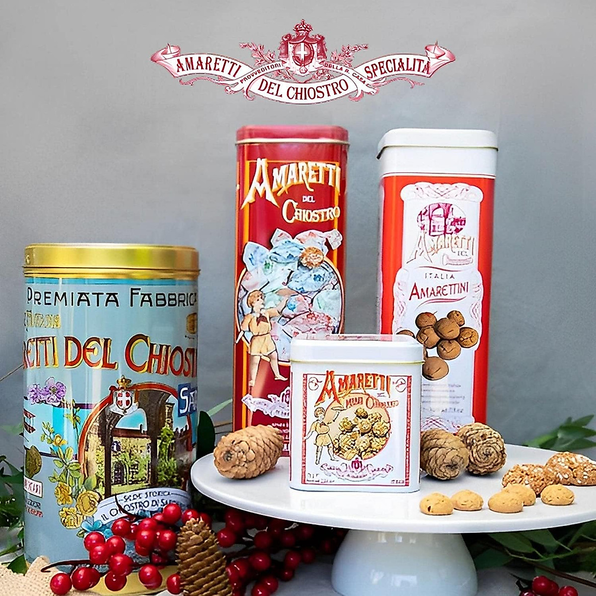 Amaretti del Chiostro Soft Cookies from Italy - Almond Sugar Cookies Individually Wrapped for Freshness - Traditional Italian Delicacies Gourmet Cookies & Gluten Free Snacks (Green Tower Tin, 6.35 oz)
