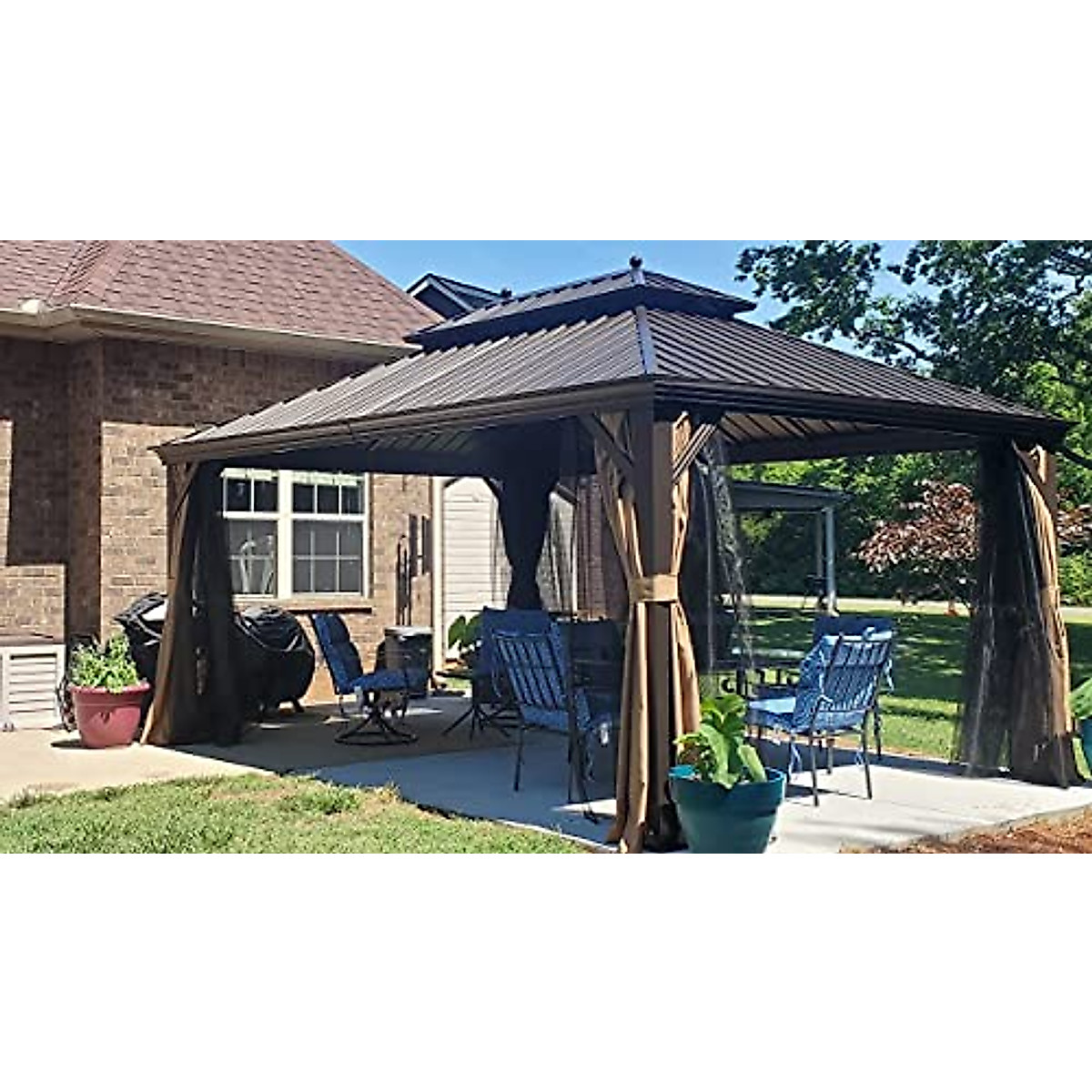 YOLENY 12' x 16' Hardtop Gazebo with Galvanized Steel Double Roof, Pergolas Aluminum Frame, Netting and Curtains Included, Metal Outdoor Gazebos for Garden, Patios, Lawns, Parties