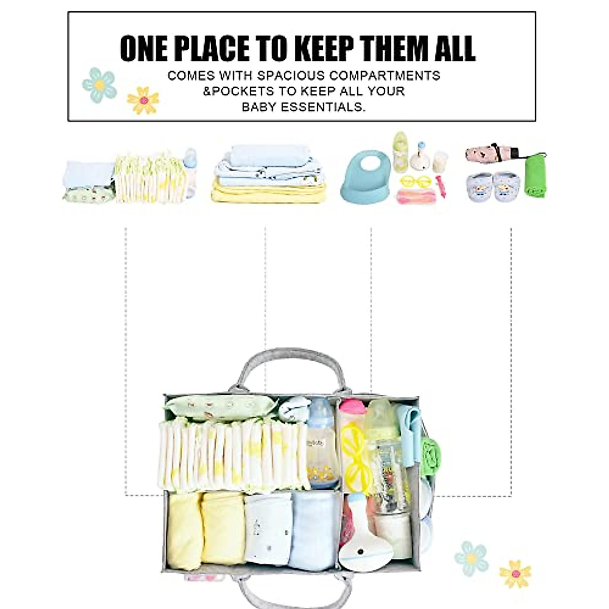 YaKuss Baby Diaper Caddy Organizer for Boy-Baby Car Organizer, Felt Fabric Baby Basket, Changing Table Diaper Storage Caddy, Portable Tote Bag for Baby Diapers and Wipes -Large (1.0 Grey)