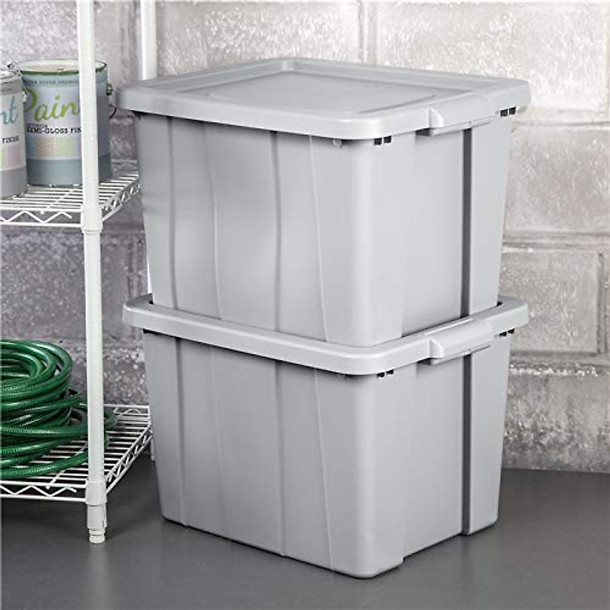 Sterilite 18 Gal Tuff1 Storage Tote, Stackable Bin with Lid, Plastic Container to Organize Garage, Basement, Attic, Gray Base and Lid, 6-Pack