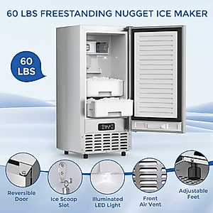Electactic Commercial Nugget Ice Maker Machine, 66Lbs/Day, Bulit-in Freestanding Under Counter Ice Machine, Self-Cleaning & 24H Timer & LCD Panel Drain Pump, Stainless Steel Ice Maker